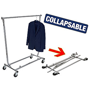 Econoco Collapsible Rolling Clothes Rack - Collapsible Clothing Rack, Commercial Grade Clothing Display, Square Tubing Rolling Rack, Chrome