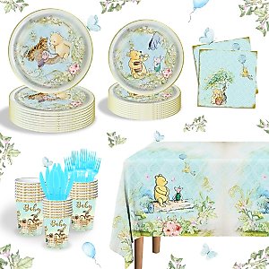 CAILESS Blue Winnie Bear Baby Shower Decorations, 156pcs Classic The Pooh Bear Baby Shower Party Supplies Included Plates Cups Napkins Cutlery Tablecloth Set Serves 25 Guests for Newborn Boy Birthday
