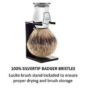 Parker 100% Silvertip Badger Bristle Shaving Brush-Chrome Handle with 3-Band-Silvertip Badger Hair Bristles - Extra Dense and Soft Bristles -Parker Shaving Brush Stand Included