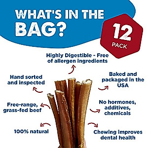 Best Bully Sticks 12 Inch All-Natural Bully Sticks for Dogs - 12” Fully Digestible, 100% Grass-Fed Beef, Grain and Rawhide Free | 12 Pack