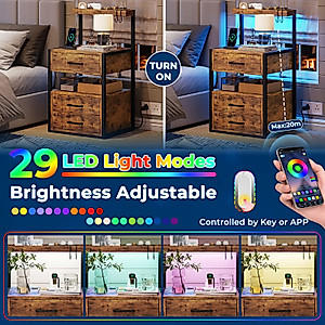 AOGLLATI Nightstand Set of 2 with Charging Station and LED Lights, Bedside Table with 3 Drawers and Open Storage Shelves, 2 USB Ports and 2 AC Outlets, LED Night Stand for Bedroom, Rustic Brown