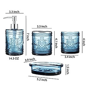 4PCs Dark Blue Glass Bathroom Accessories Set with Decorative Pressed Pattern - Includes Hand Soap Dispenser & Tumbler & Soap Dish & Toothbrush Holder