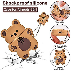 Cute AirPods Cases with Bear Keychain Cartoon Biscuit Bear Design Full Protective Silicone Cover Compatiable with AirPod 2&1 Case for Kids and Womens (Dark Brown)
