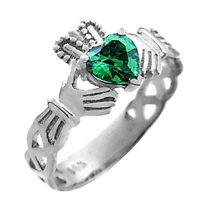 Claddagh Rings 925 Sterling Silver Solitaire Green CZ Celtic Knot (7.25)