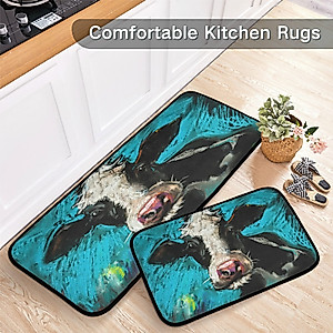Kitchen Rugs and Mats 2 Pieces Farm Dairy Cow Blue Anti Fatigue Kitchen Rug Set Non Slip Bath Mat Entry Floor Carpet Entrance Door Mat Runner 20"x28"+20"x47" 20"x28"+20"x47"