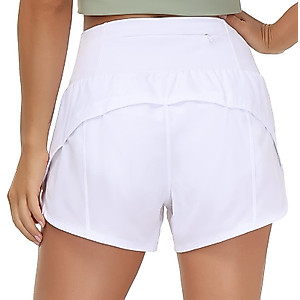 THE GYM PEOPLE Womens High Waisted Running Shorts Quick Dry Athletic Workout Shorts with Mesh Liner Zipper Pockets (White, Large)