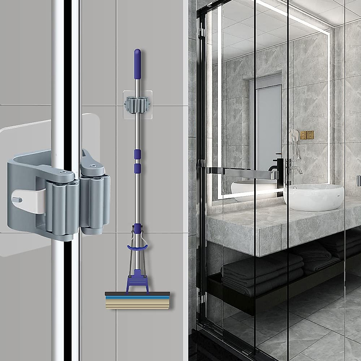 3-H Mop Hanger 24 Pack,Broom Holder Wall Mount Self Adhesive，Broom Hanger Wall Mount for Hanging and Storaging Organizing Laundry Room Bathroom Closet Kitchen (Grey)