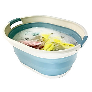 SAMMART 39L (10.3 Gallons) Collapsible Plastic Laundry Basket - Oval Tub/Basket - Foldable Storage Container/Organizer - Portable Washing Tub - Space Saving Laundry Hamper (2, Grey/Sterling Blue)