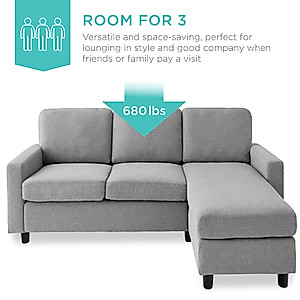 Best Choice Products Upholstered Sectional Sofa for Home, Apartment, Dorm, Bonus Room, Compact Spaces w/Chaise Lounge, 3-Seat, L-Shape Design, Reversible Ottoman Bench, 680lb Capacity - Light Gray