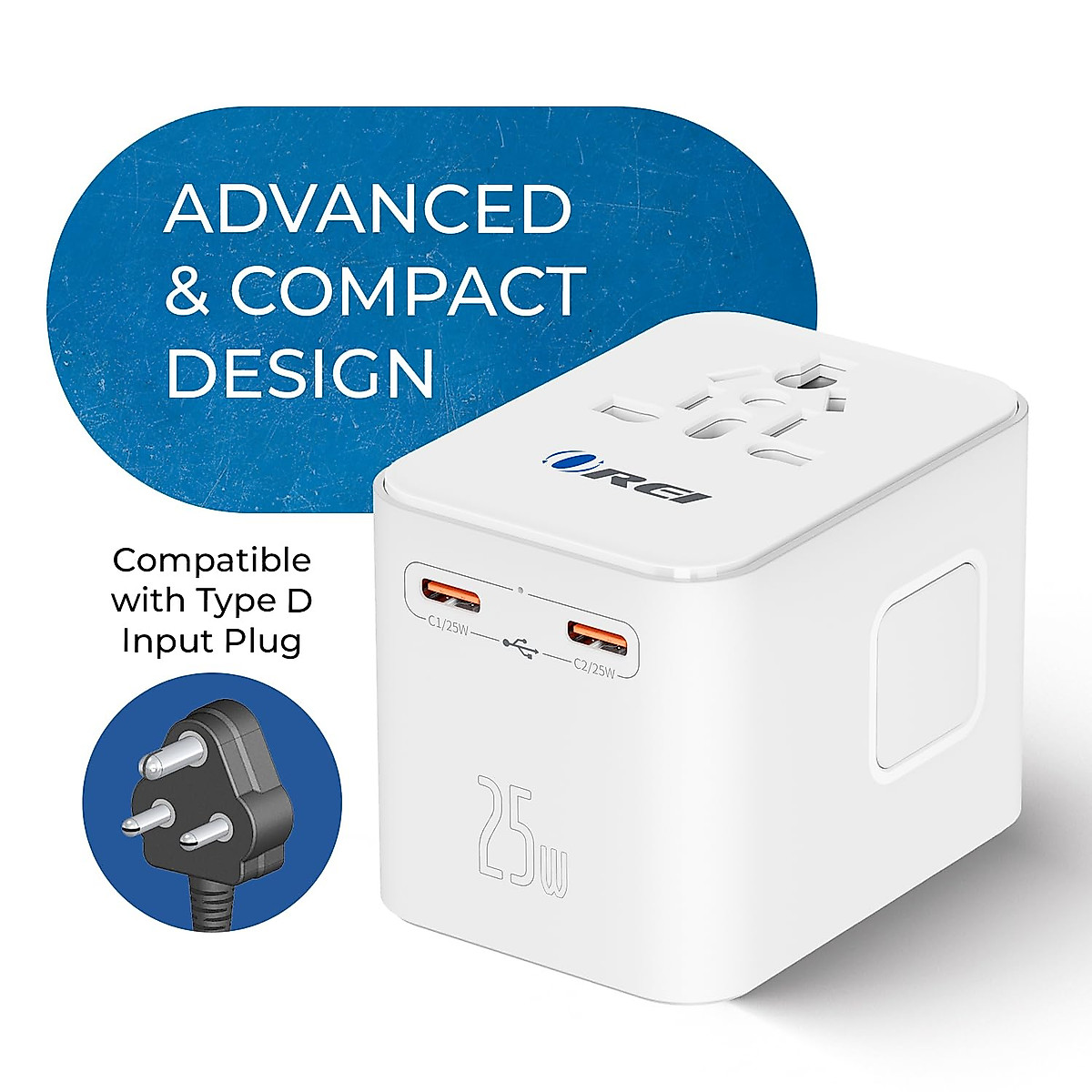 OREI 25Watt Universal Travel Adapter | 2 (USB C) 1 (USB A) 4-in-1 Universal Power Adapter | | Type C, A, G, I Compatible | Universal Chargers for All Devices compatible 150+ Countries