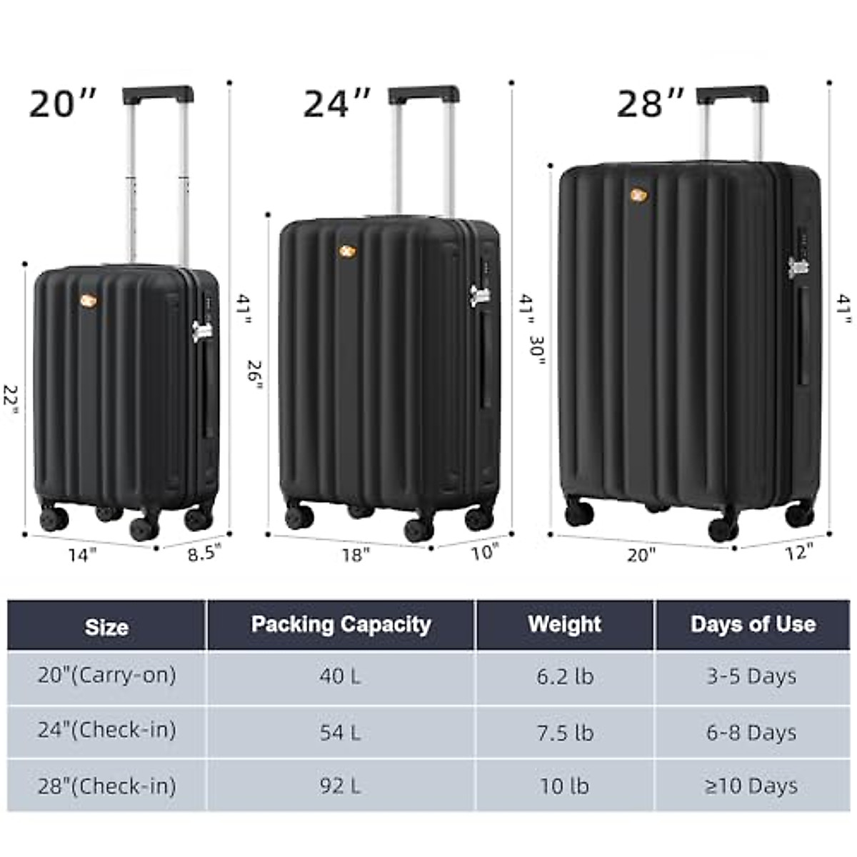 MGOB Checked Luggage 24 inch - Hard Shell Suitcase with Spinner Wheels, Lightweight PC Luggage with TSA Lock(Black, Checked-Medium 24-Inch