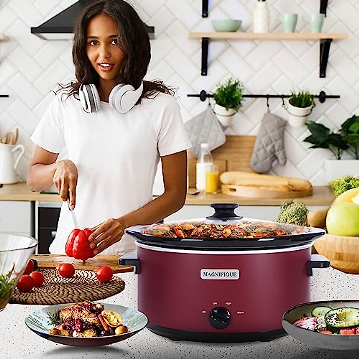 Magnifique 7 Quart Slow Cooker Oval Manual Pot Food Warmer with 3 Cooking Settings, Red Stainless Steel