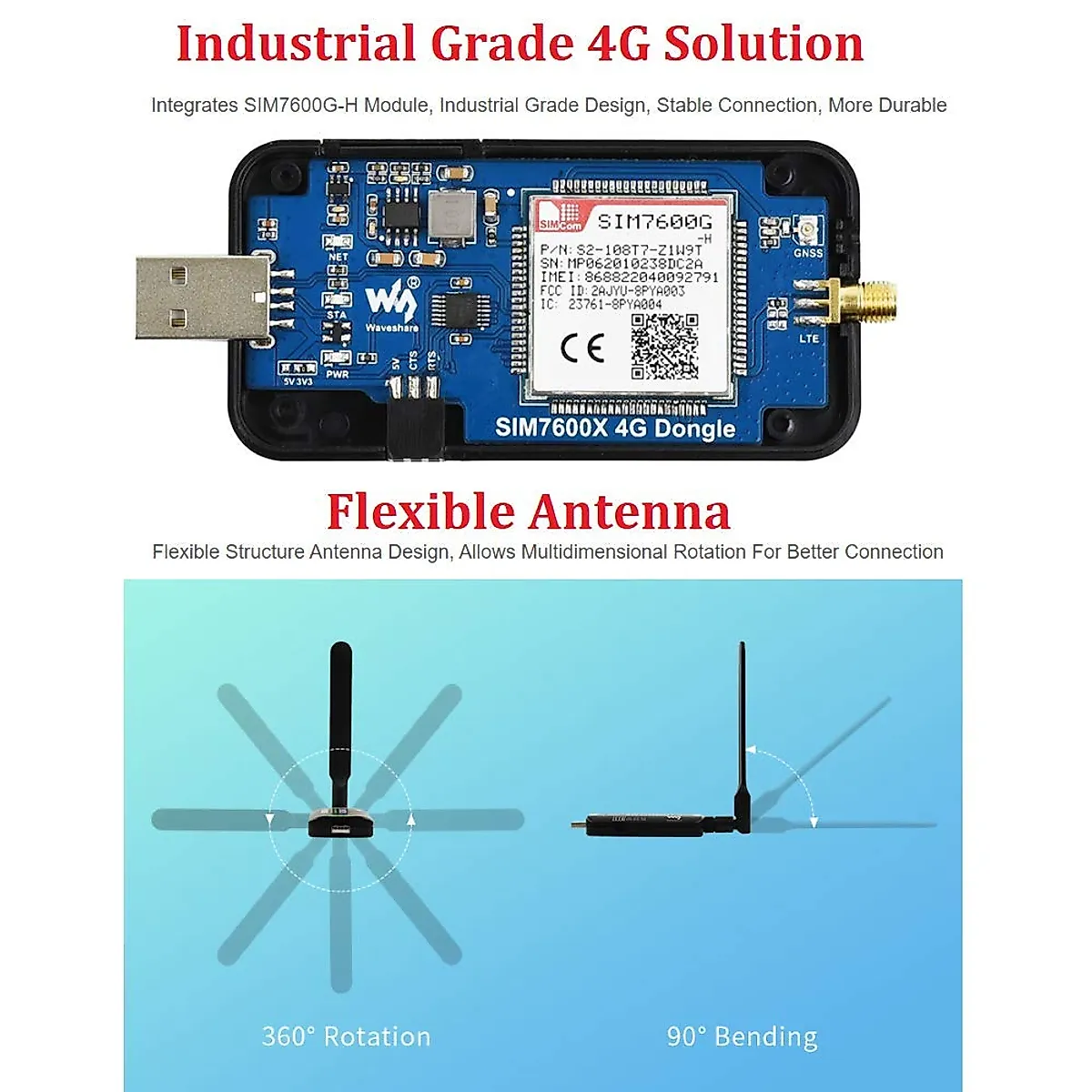 waveshare SIM7600G-H 4G DONGLE LTE USB Adapter for Industrial Grade 4G Communication and GNSS Positioning,Support/PC/Raspberry Pi/Drone/Industrial Computer,150Mbps Downlink Rate,Global Band Support