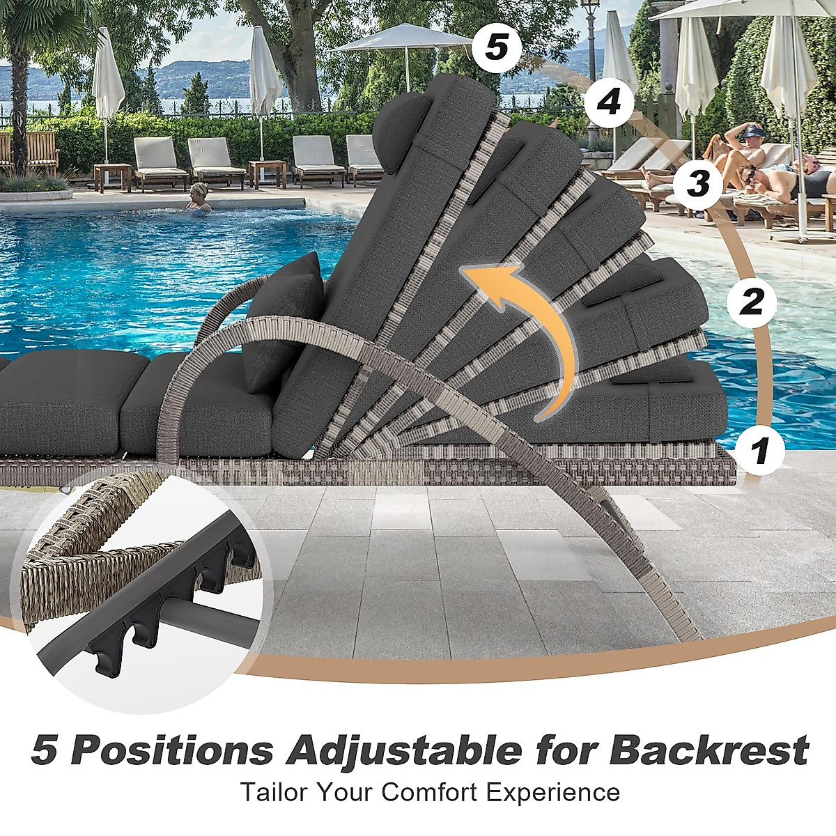 MEISSALIVVE Outdoor Lounge Chairs Set of 2, Pool Lounge Chairs with Adjustable 5 Position Backrest & Leg Support, PE Rattan Chaise Lounge Patio Chairs for Backyard Porch Deck (Grey)