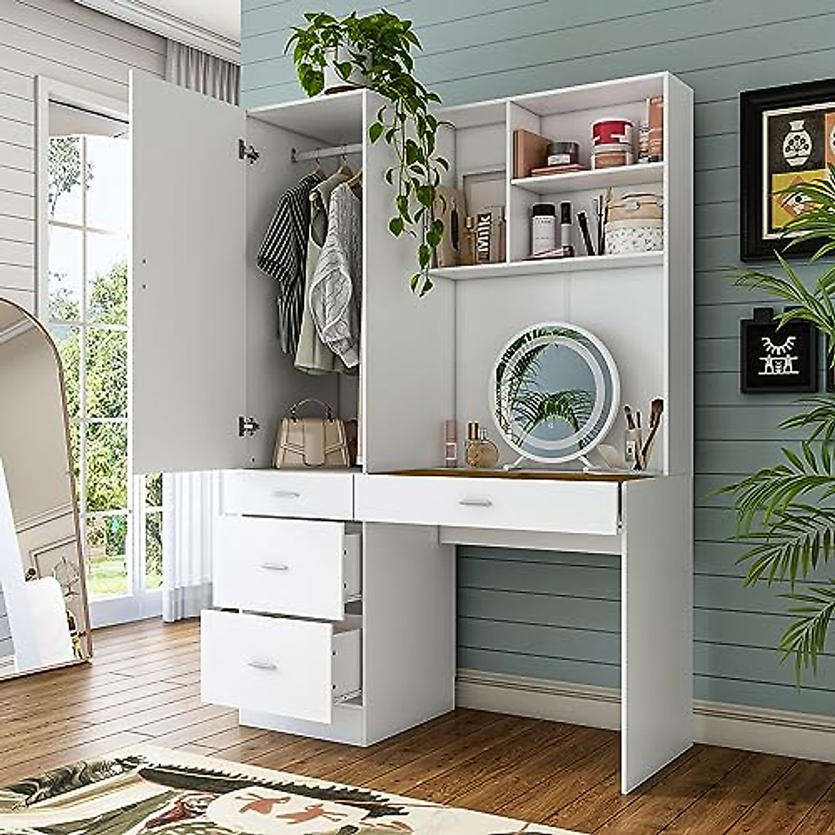 FAMAPY Armoire Wardrobe with Vanity Desk and Lighted Mirror, Armoire with Hanging Rod, Drawers & Shelves, Glass Tabletop, Armoire Closet for Bedroom White (47.2”W x 19.1”D x 70.8”H)