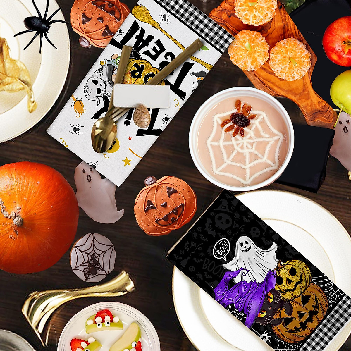 Unibyby Halloween Kitchen Towels, Halloween Pumpkin Towels Set of 2, Trick or Treat Dish Towels for Kitchen with Black Cat and Ghost Buffalo Plaid Decorations for Home, 18x28 Inches