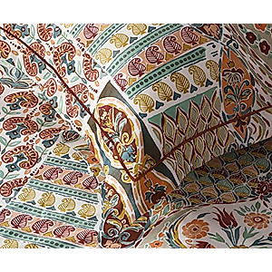 SLEEPBELLA Duvet Cover Queen Size, 600 Thread Count Cotton Beige & Dark Red Printed with Luxurious Botanical Pattern Boho Comforter Cover Sets, Bedding Set 3Pcs (Queen, Beige-Bohemian)