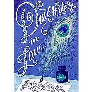 Designer Greetings Blue and Green Feather Quill Pen Birthday Card for Daughter-in-Law