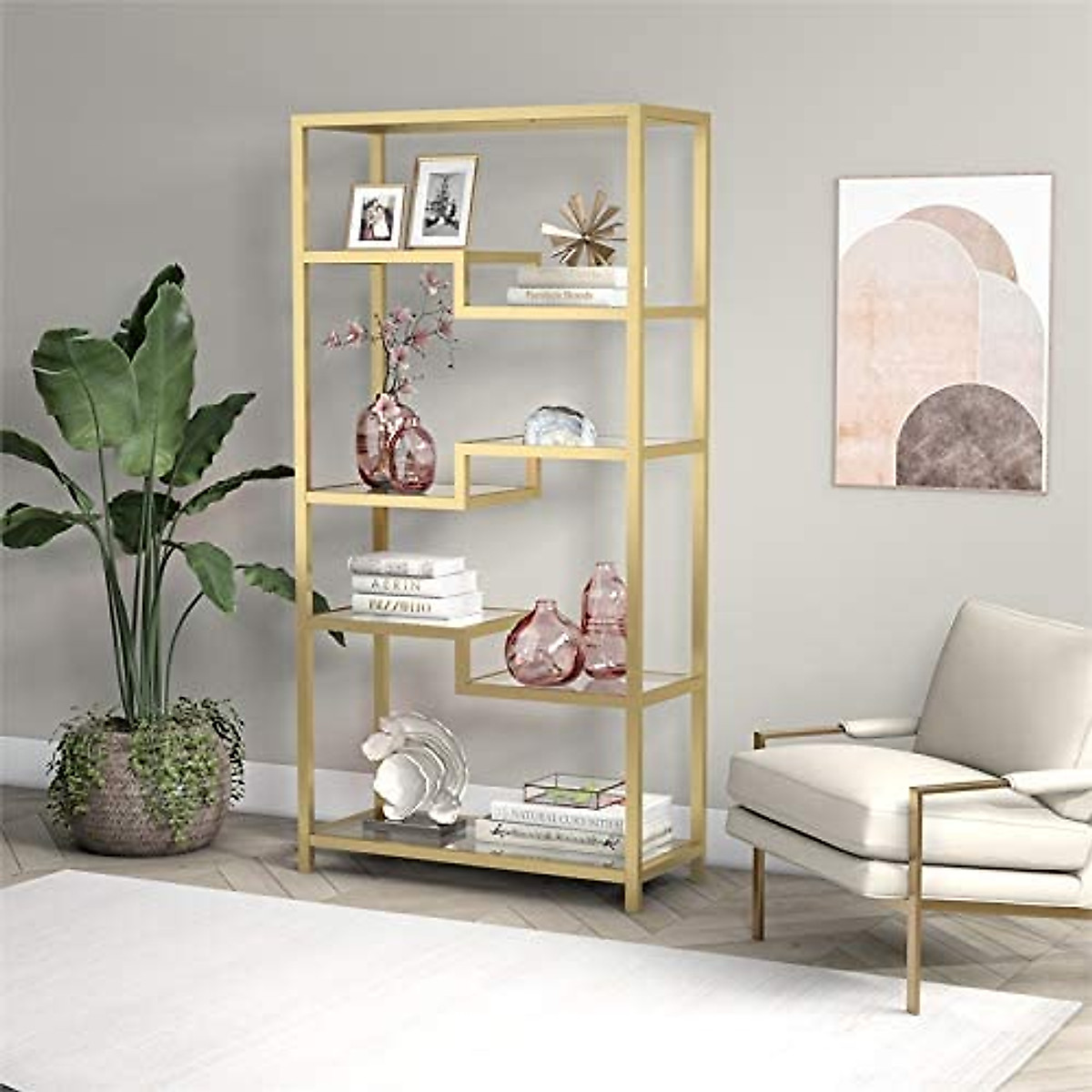 Henn&Hart 68" Tall Rectangular Bookcase in Brass, for Home Office, Living Room