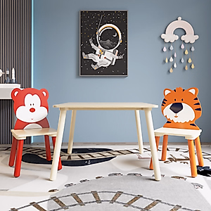 BAOMKONG Kids Table and Chairs, Childrens Table and Chair Set of 3 Piece, Wooden Cartoon Animals Design, Ideal for Arts & Crafts, Gift for Ages 2+, Bear & Tiger