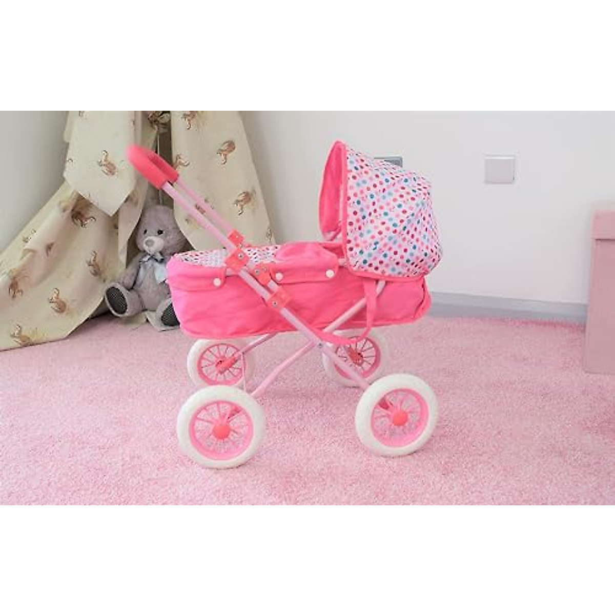 KOOKAMUNGA KIDS Baby Doll Stroller - Realistic 2 in 1 Baby Stroller for Dolls w/Detachable Bassinet – Toy Pram w/Carry Cot, Retractable Canopy & Soft Grip Handle - for Dolls up to 18" - Pink