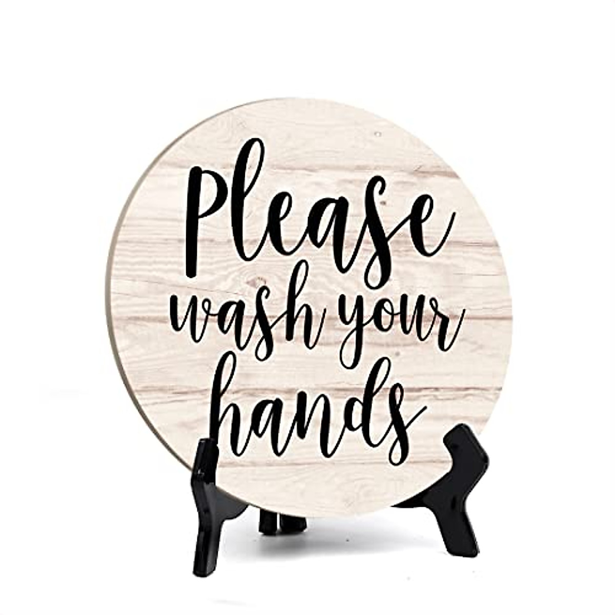 Round Please Wash Your Hands, Light Wood Color Bathroom Table Sign with Acrylic Easel