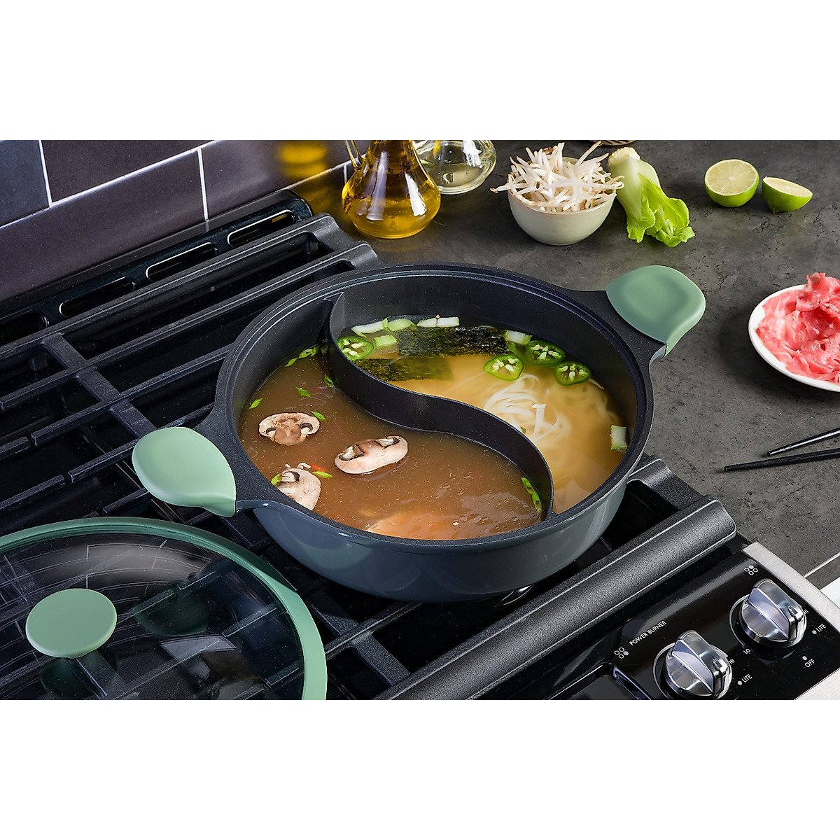 Kenmore Theodore 6.5 QT Cast Aluminum Everyday Pan Hot Pot W/Dividers, Nonstick Interior, and Lid