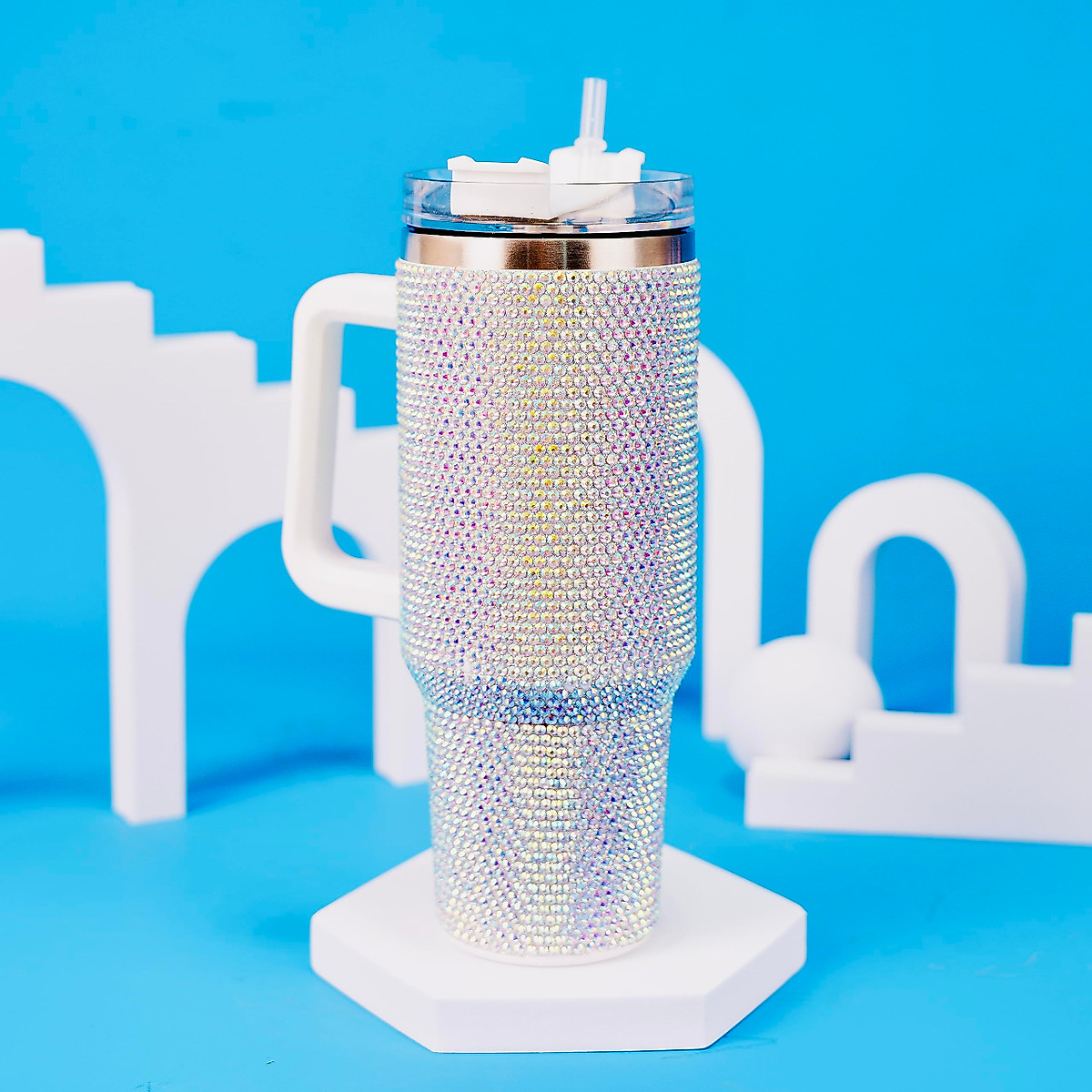 Buyso 40 Oz Bling Tumbler With Handle Rhinestones Tumbler With Lid and Straw Fix for Car Cup Holder Insulated Stainless Steel Double Wall Water Cup Travel Mug Tumblr For Women (40 oz, Shiny)