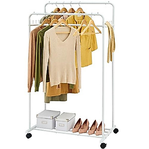 Hoctieon Double Rod Clothes Rack, 2 IN 1 Clothing Rack with Shelves and Wheels for Easy Mobility, Multi-functional Bedroom Garment Rack with 8 Hooks, White
