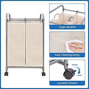 STORAGE MANIAC Laundry Sorter 2 Section, 90 L Laundry Hamper with Wheels, Laundry Basket Sorter, Laundry Separator Hamper, Laundry Organizer, 2 Bag Laundry Cart with Wheels and Removable Bags, Beige