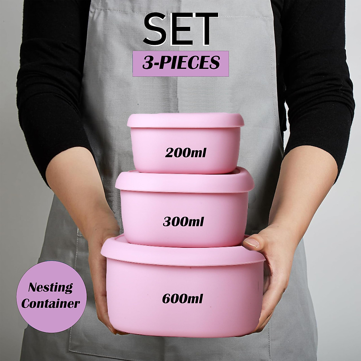 Nesting Silicon Storage Containers with Lids – Set of 3 Nesting food storage containers, Food Reusable Meal Prep, Airtight, Dishwasher and Freezer Safe (90g, 155g, 257g) Pink