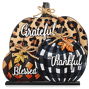 Soaoo Fall Pumpkin Sign Decoration 11 Inch Wooden Pumpkin Table Centerpiece Thanksgiving Autumn Pumpkin Tabletop Sign Blessed Grateful Thankful Sign for Thanksgiving Fall Harvest Home Farmhouse Decor
