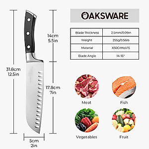 OAKSWARE 7" Santoku Knife, Razor Sharp Kitchen Cutting Chopping Chef Knife, Professional High Carbon German Steel Cooking Knife for Meat, Vegetables, and Fruits