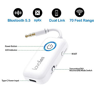 Lavales Wireless Bluetooth 5.3 Audio Transmitter Receiver Adapter for Airplane, Gym/TVs/Gaming Consoles/Car/PC/Home Stereo, 3.5 mm Jack, AptX Adaptive/Low Latency,Dual Paring,Rechargeable,HD Stereo