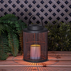 Sterno Home Hanging Rattan Basket Solar LED Light Flameless Candle Lantern, 15.0", Black