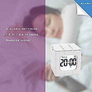 Digital Time Cube with Calendar, 2 Alarm Settings, Night Light, 1-60 Minutes Timer. 10 Level Brightness. (White/White Button/White SCRENN) Magic Cube Design