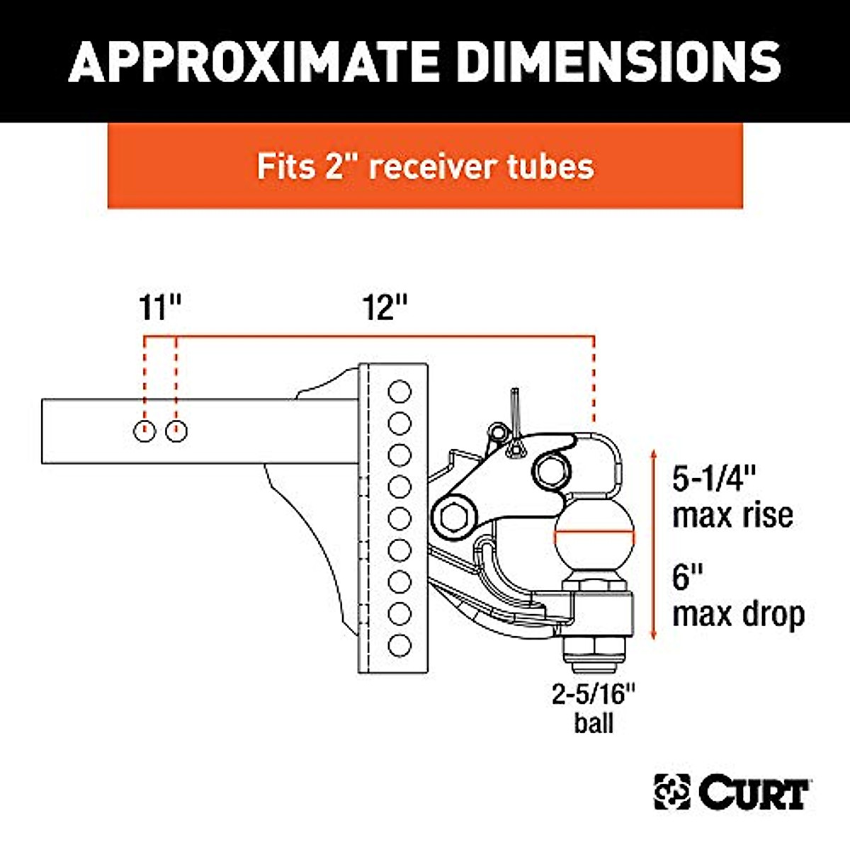 CURT 45907 Adjustable Pintle Hitch Combination, 2-Inch Receiver, 6-Inch Drop, 2-5/16-Inch Ball, 13,000 lbs, CARBIDE BLACK POWDER COAT
