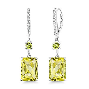 Gem Stone King 14.60 Ct Octagon Checkerboard Yellow Lemon Quartz Green Peridot 925 Silver Dangle Earrings