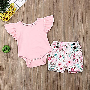 Multitrust Newborn Baby Girl Cotton Ruffled Short Sleeve Bodysuit Tops + Floral Shorts Baby Girl Clothes Set (A3 Pink, 12-18M)