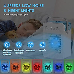 Portable Air Conditioner, 90° Oscillating Evaporative Personal Air Cooler Humidifier with 4 Wind Speeds, Timer & LED Light, USB Quiet Fast Cooling Fan for Home, Office, Bedroom, Car, Camping - White