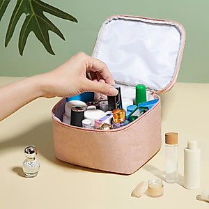 FUNSEED Travel Makeup Bag Portable Small Mini Cosmetic Organizer Storage Case with Handle for Jewelry, Lipstick, Cosmetic Box (Pink)