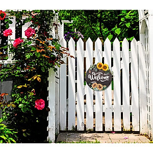 DZH Enjoy Sunflower Welcome Sign Front Door Wreaths Rustic Round Wood Farmhouse Wreath for Home Decor Bedroom Yard Garden Indoor Outdoor Wall Décor