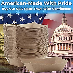 Eco Friendly USA-Made 3lb Food Holder Trays 150 Pk. Compostable Kraft Paper Container for Diners Concession Stands or Camping. Best Sturdy 3 Lb Disposable Party Snack Boat for Nachos, Tacos or BBQ.