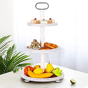Urban Deco Wooden Tiered Tray 3-Tier Decorative Tray Stand Farmhouse Serving Tray, Round Wooden Cupcake Display Stand with Metal Handle, White Tiered Fruits Tray for Home Party Decorations