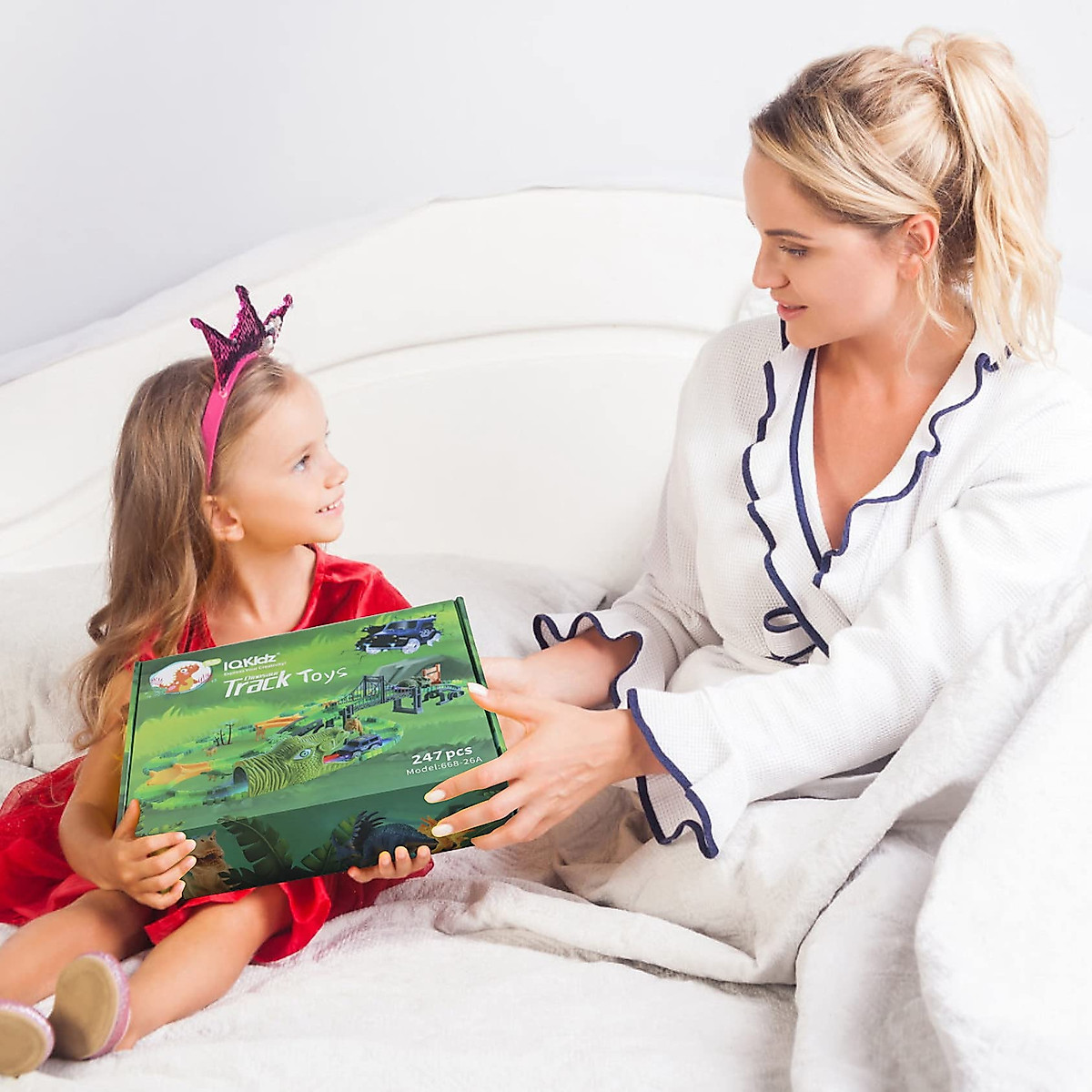 IQKidz Dinosaur World Race Track Toys - 216pcs Flexible Track Playset with 1 Dinosaur Car, 1 Race Car, 6 Dino Toys, for Kids 3 4 5 6 Year & Up Old (Boys and Girls)