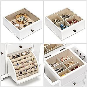 Emfogo Jewelry Box for Women, Rustic Wooden Jewelry Boxes & Organizers with Mirror, 4 Layer Jewelry Organizer Box Display for Rings Earrings Necklaces Bracelets (Weathered White)