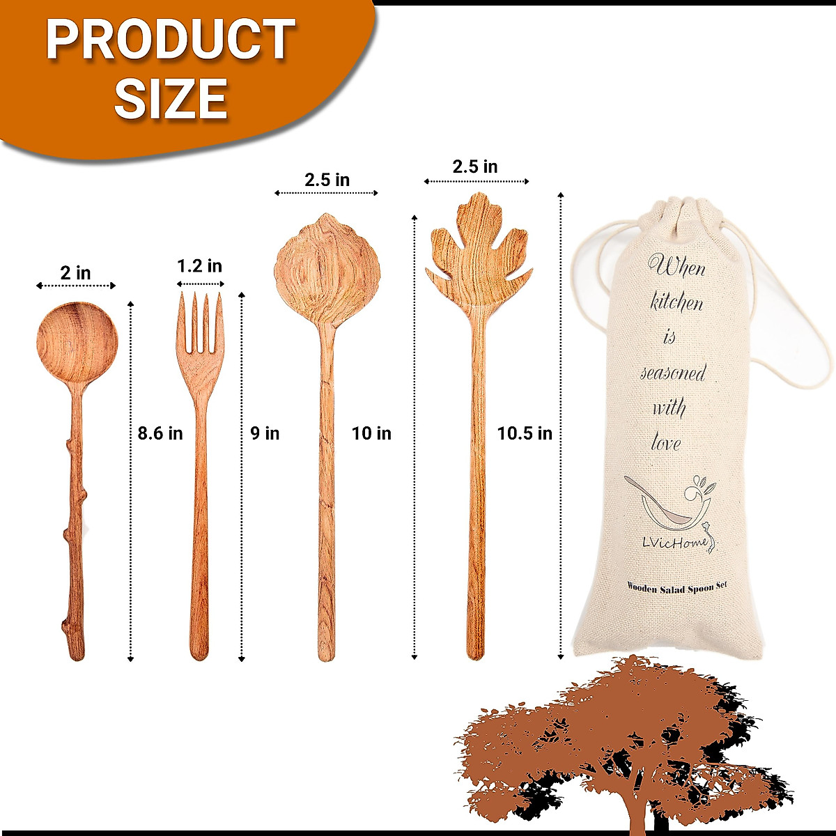 BVicHair 4 Wooden Spoons and Forks Set, Set Wooden Salad Spoons, Real Housewives Gifts, Kitchen Gifts for Women, Handmade Gifts for Mother's Day, Cute Kitchen Accessories, Unique Kitchen Gifts