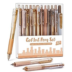 Four Candies 12Pack Pastel Gel Ink Pen Set, 11 Pack Black Ink Pens with 1Pack Highlighter for Writing, Retractable 0.5mm Fine Point Gel Pens, Cute Note Taking Pens for School Office (Brown)