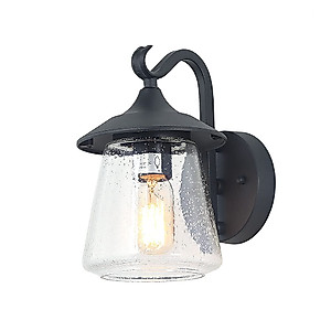 LOG BARN Outdoor Wall Light，Farmhouse Exterior Lantern in Black with Seeded Glass for Porch Barn A03356, 1-Light Light