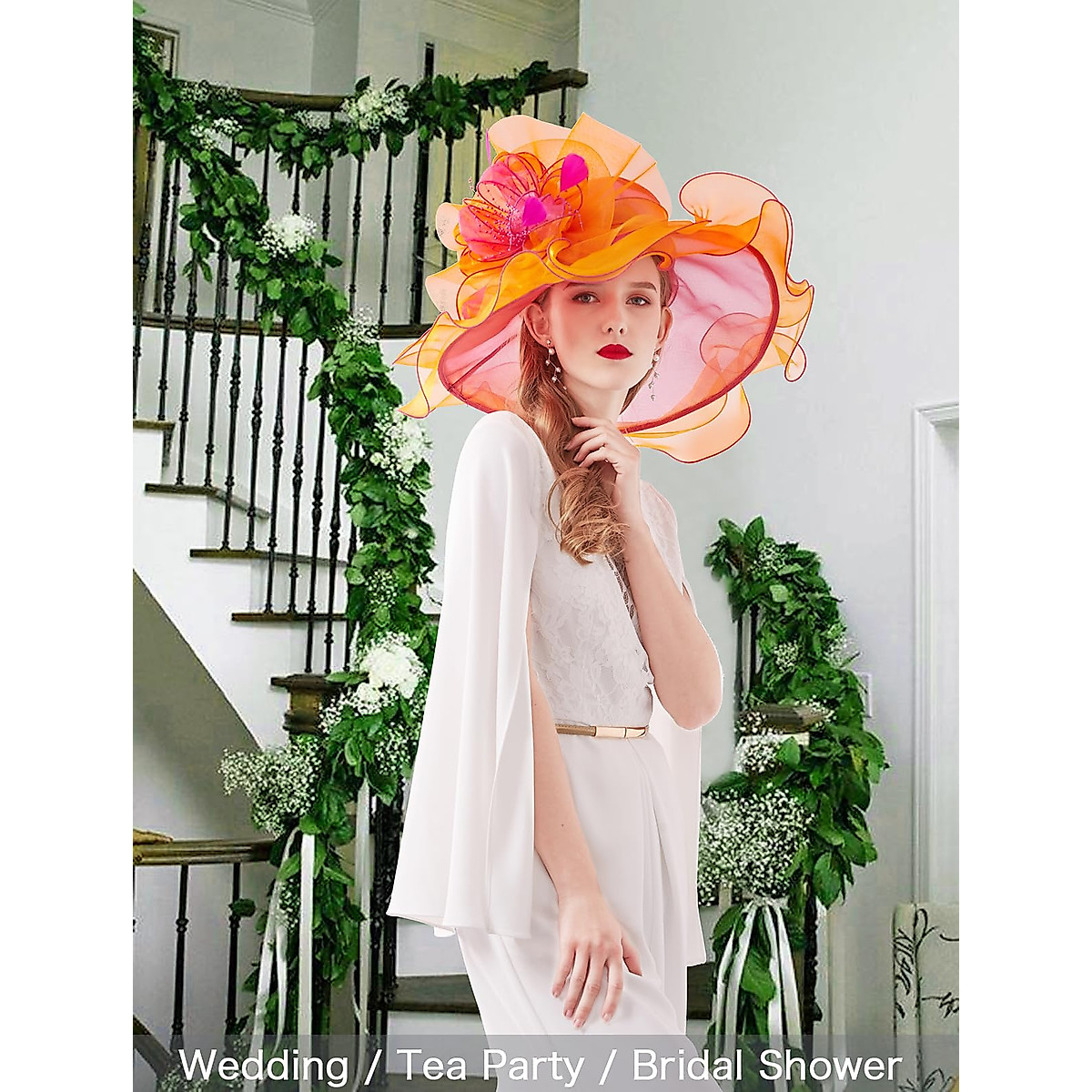 Z&X Women's Organza Church Fascinator Hair Clip Bridal Wedding Tea Party Hat Wide Brim Anti-UV Sun Hat Orange Rose
